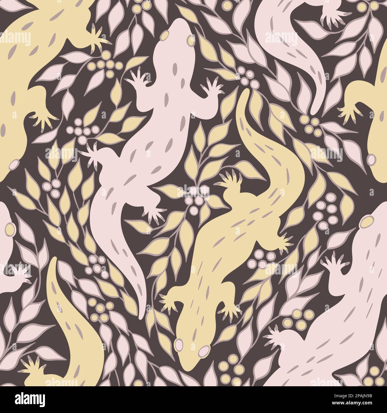 Hand drawn seamless pattern with beige brown pink gecko lizard, neutral ...