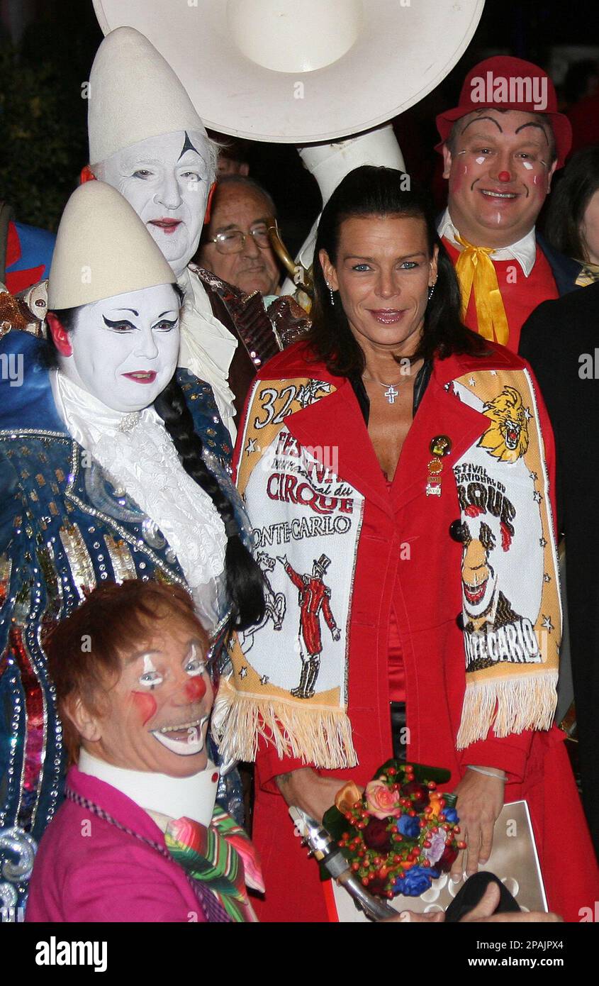 Clowns welcome Princess Stephanie of Monaco, as she arrives at the ...