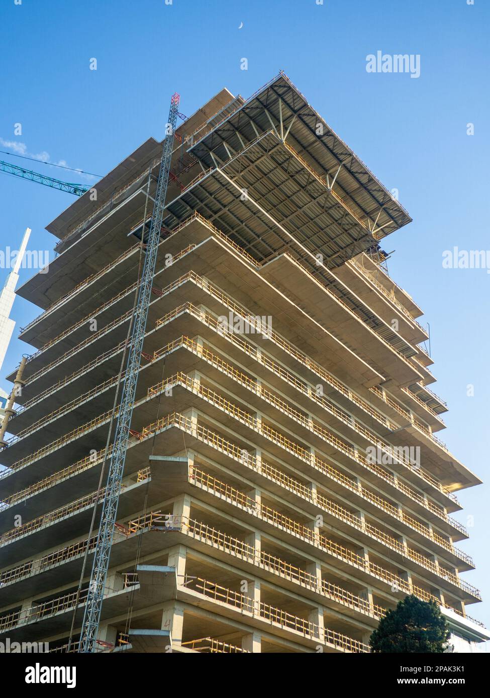 Construction of a high house. Down up. View from below. Frame of a ...
