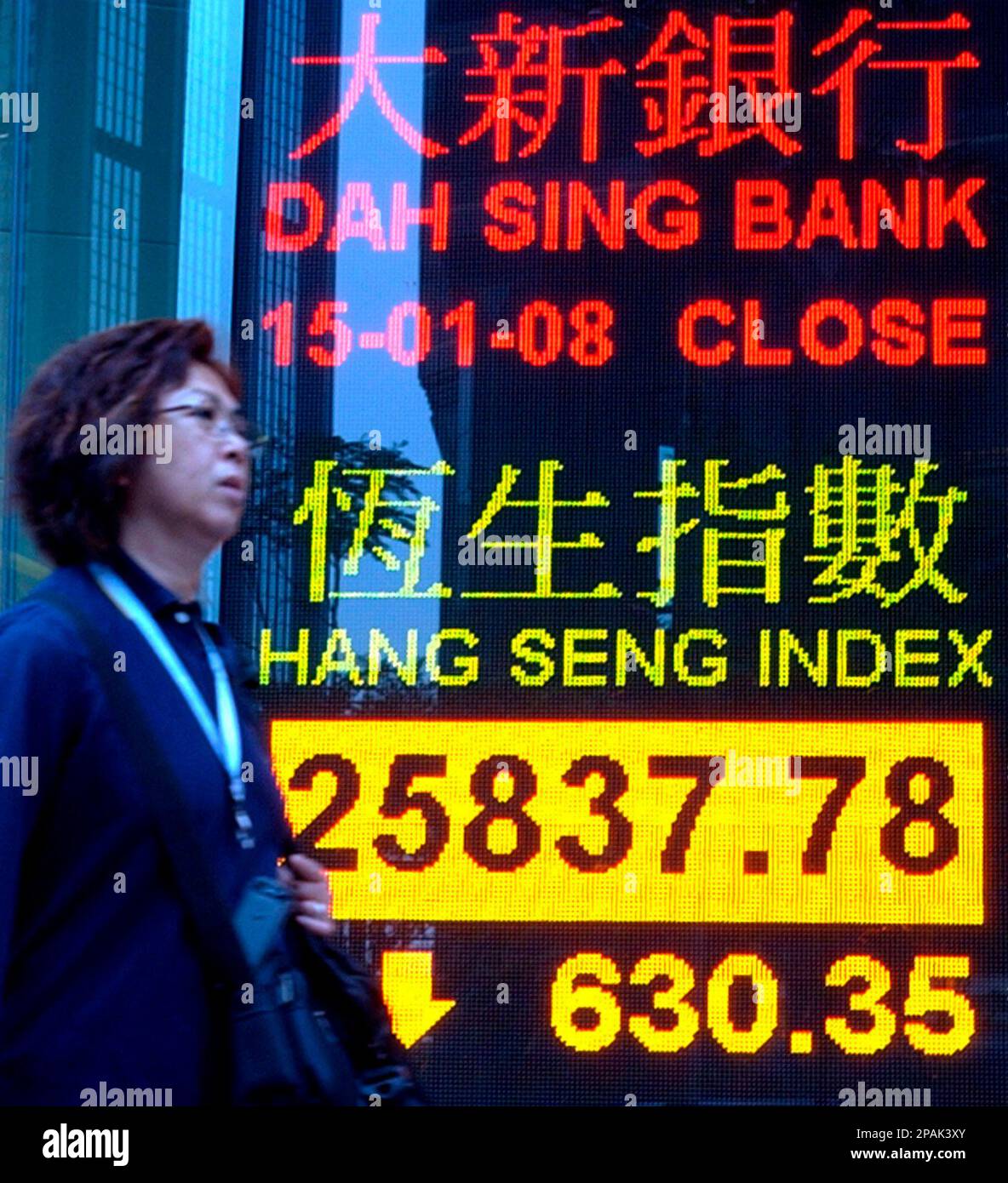 A woman passes a digital stock index display in Hong Kong which shows ...