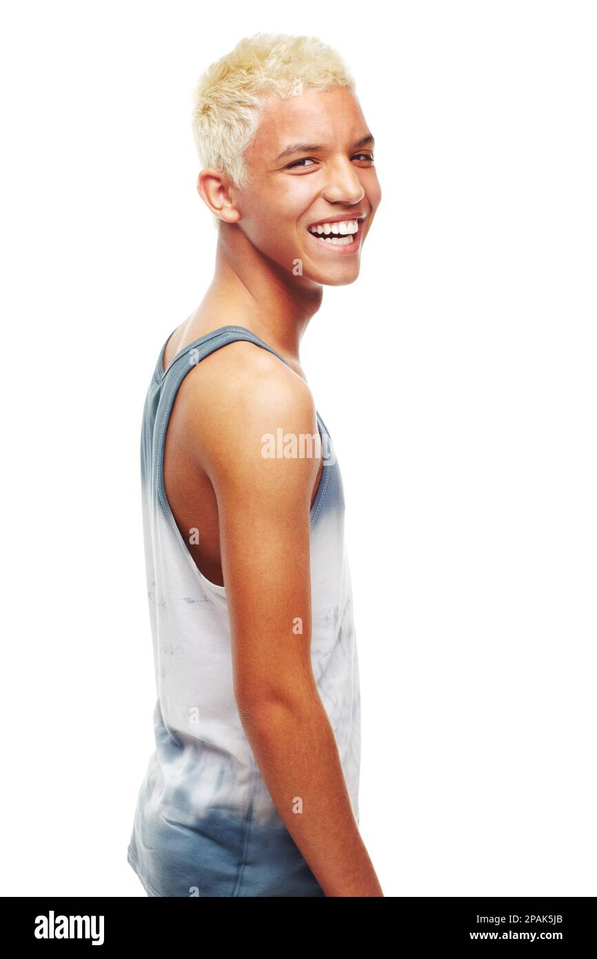 Youthful confidence. Portrait of a happy young teenage boy looking over ...