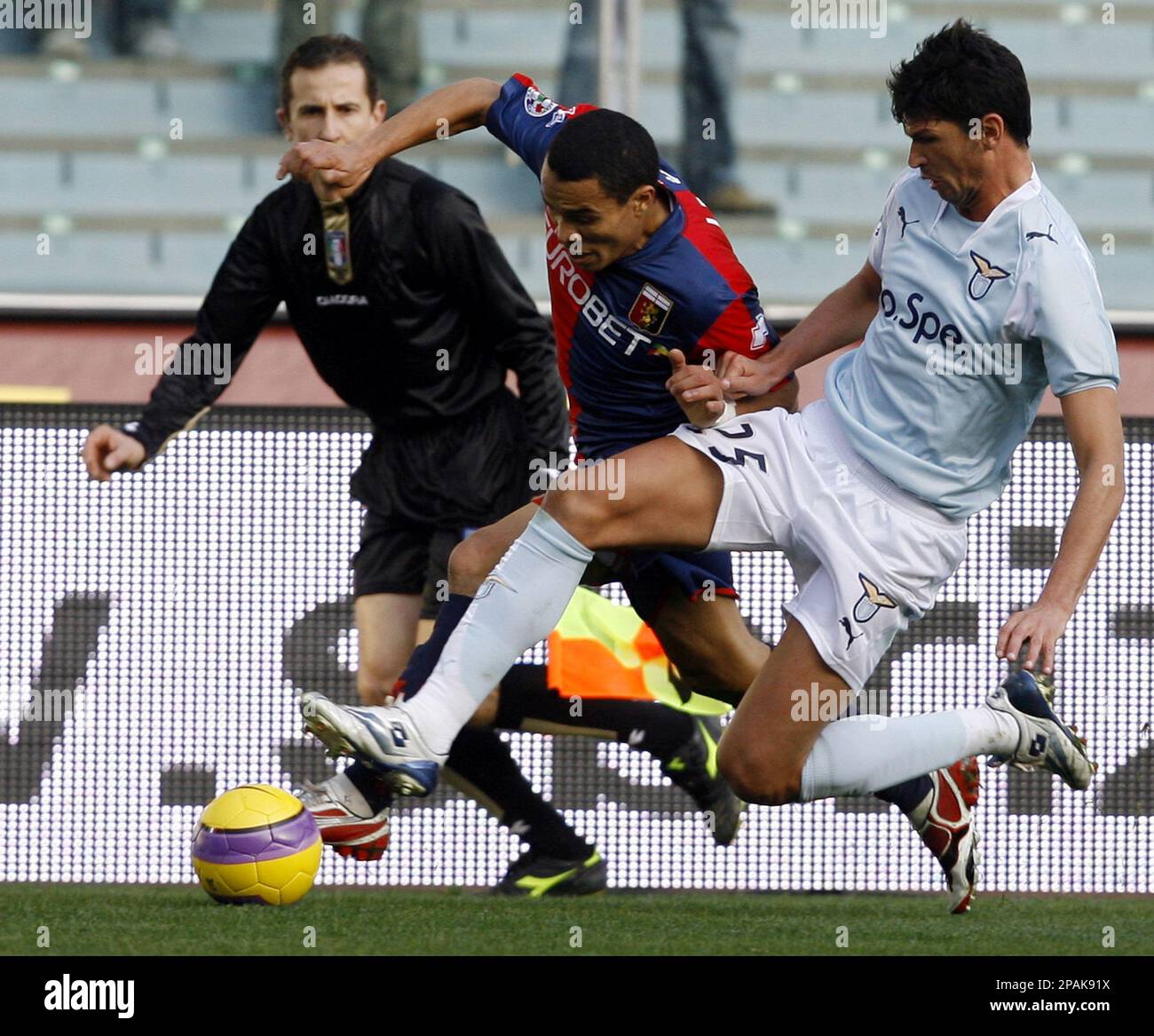 Lazio's Cribari of Brazil, right, and compatriot Genoa's Leon in action ...