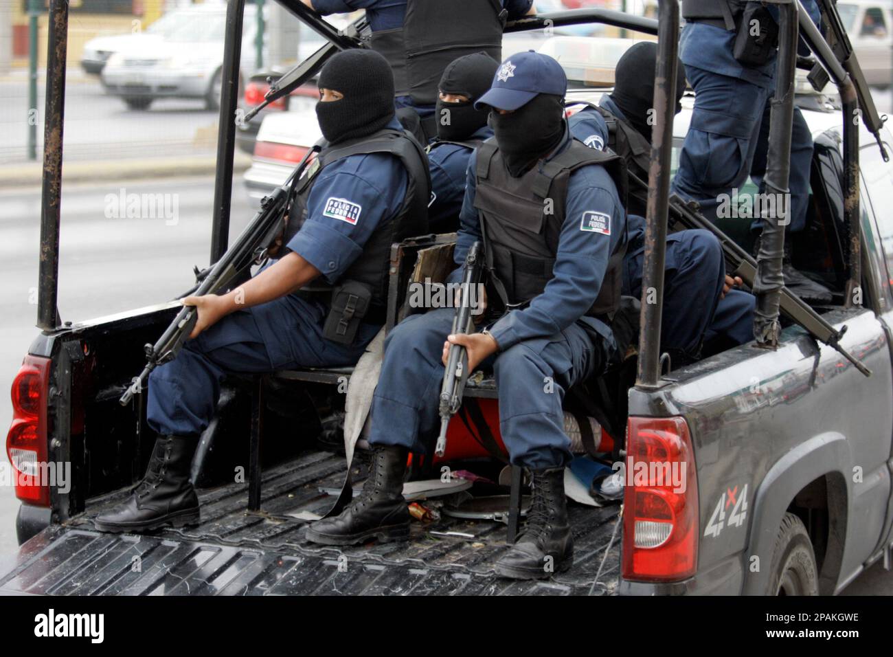 Mexican federal police patrol the border city of Reynosa, Mexico ...