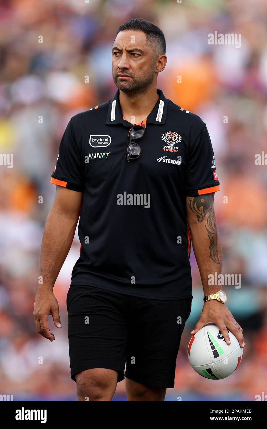Benjamin Marshall of the Tigers looks on prior to the NRL Round 2 match between the Wests Tigers ...