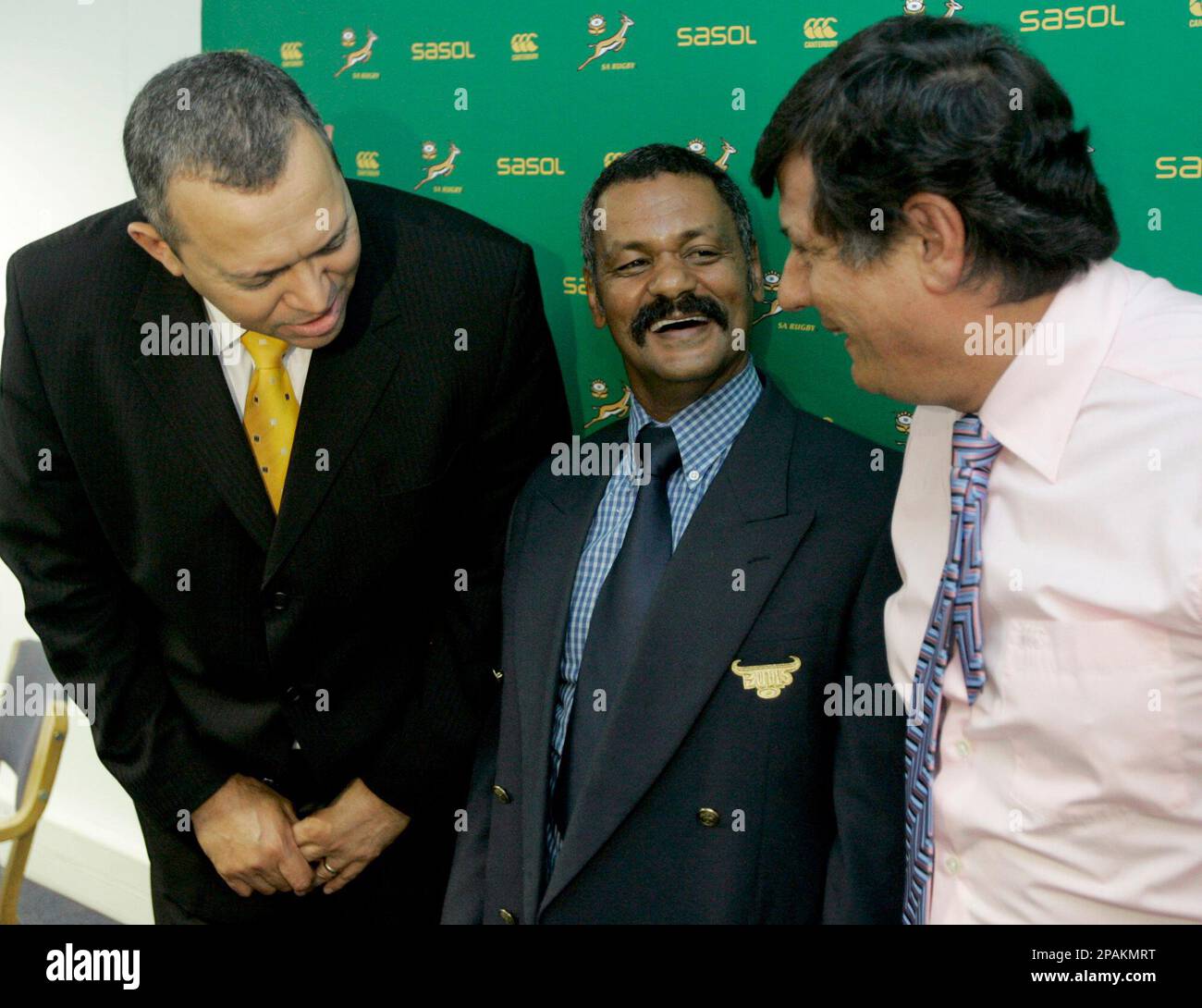Pieter de Villiers, center, South Africa's newly appointed rugby coach ...