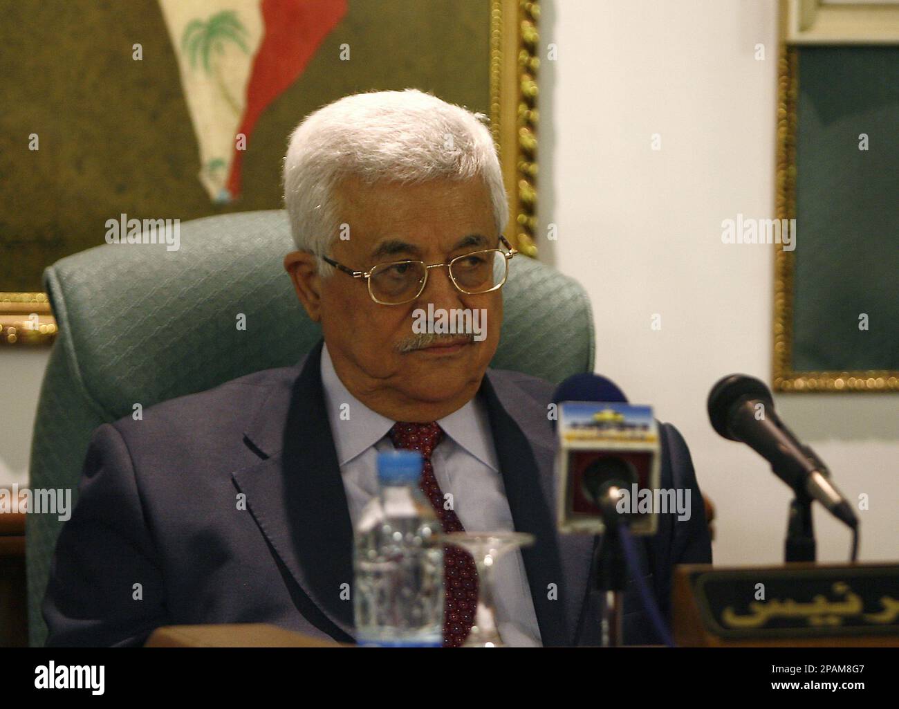 Palestinian President Mahmoud Abbas, attends a meeting of the ...