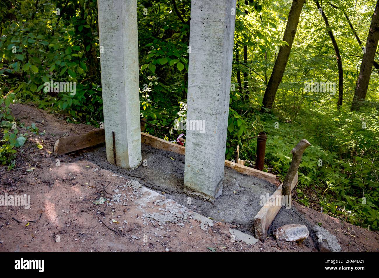 Installation of reinforced concrete poles for electrical wires Stock ...