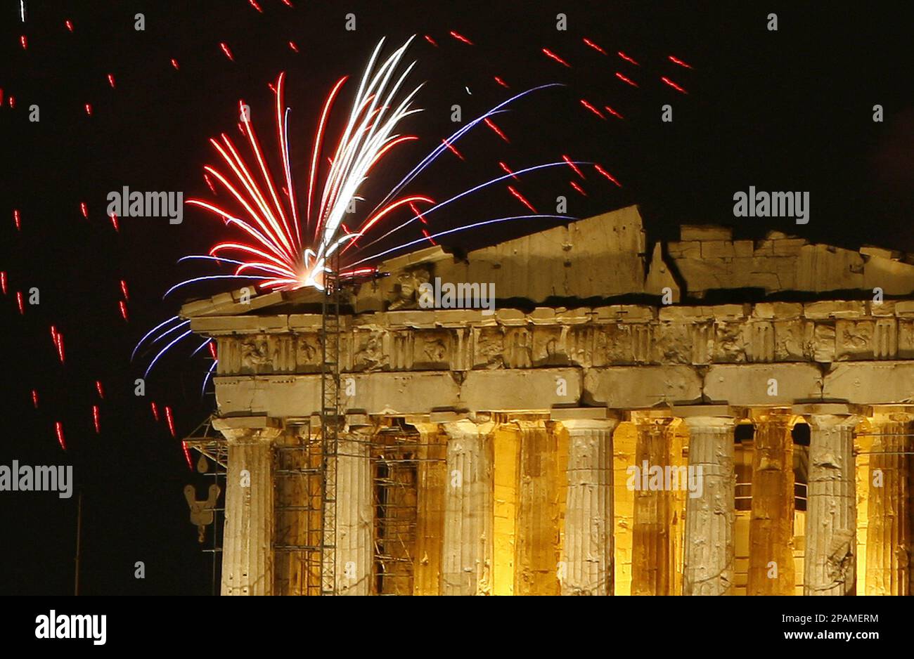 Fireworks illuminate the ancient Parthenon atop the Acropolis Hill in ...