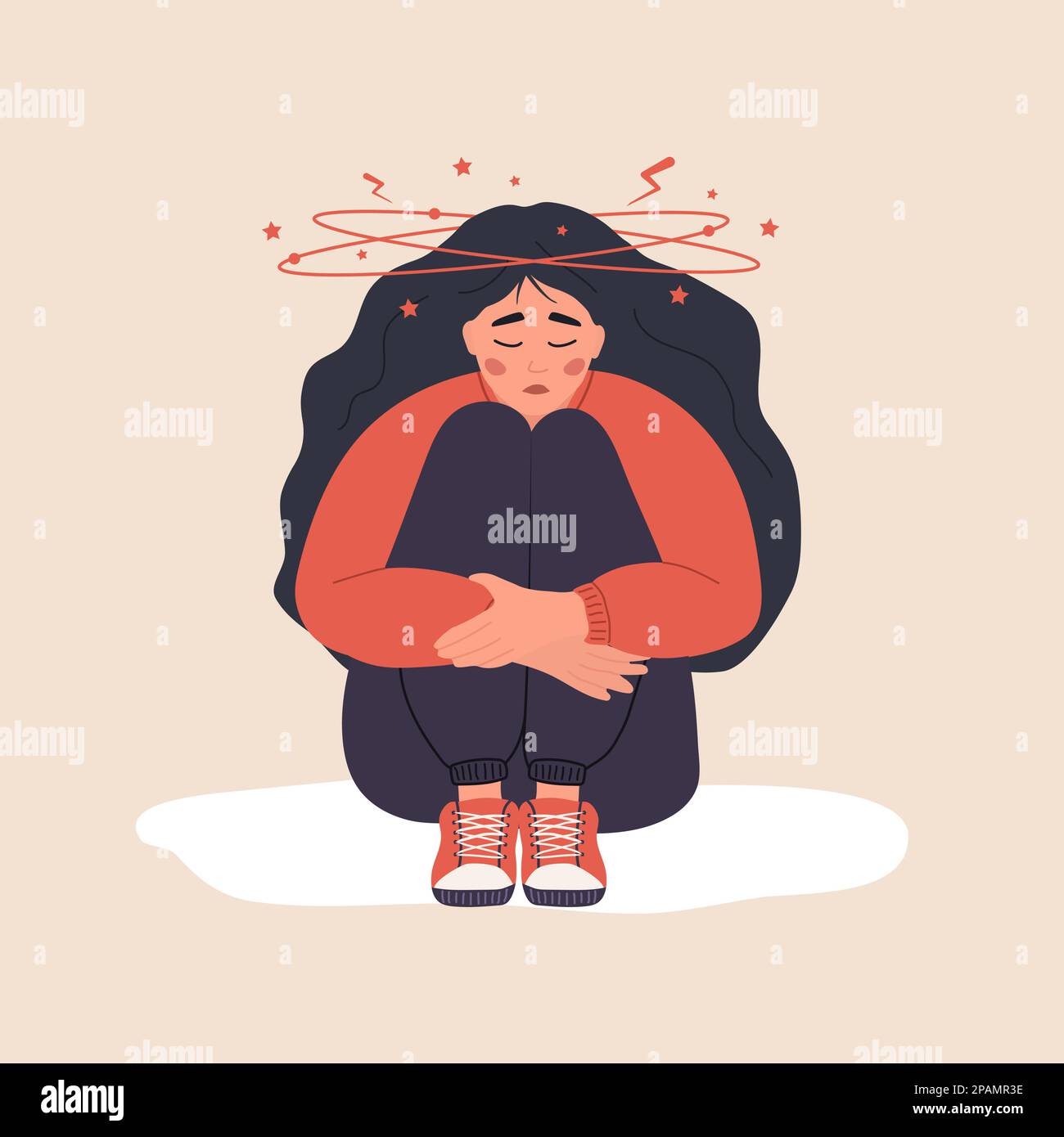 Anemia concept. Sad woman with dizziness sitting on floor. Unhappy girl ...