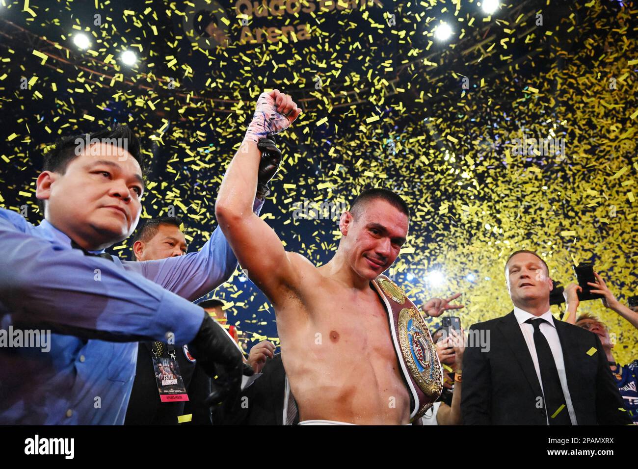 Australian boxer Tim Tszyu celebfrates his win over United States boxer ...