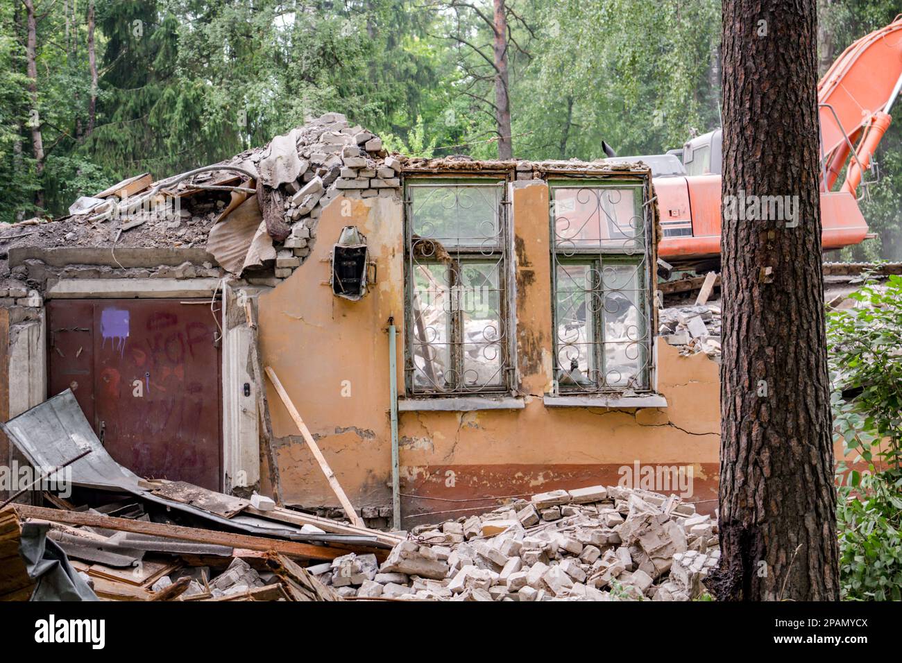 Demolition of the old brick building, remains of the walls Stock Photo ...