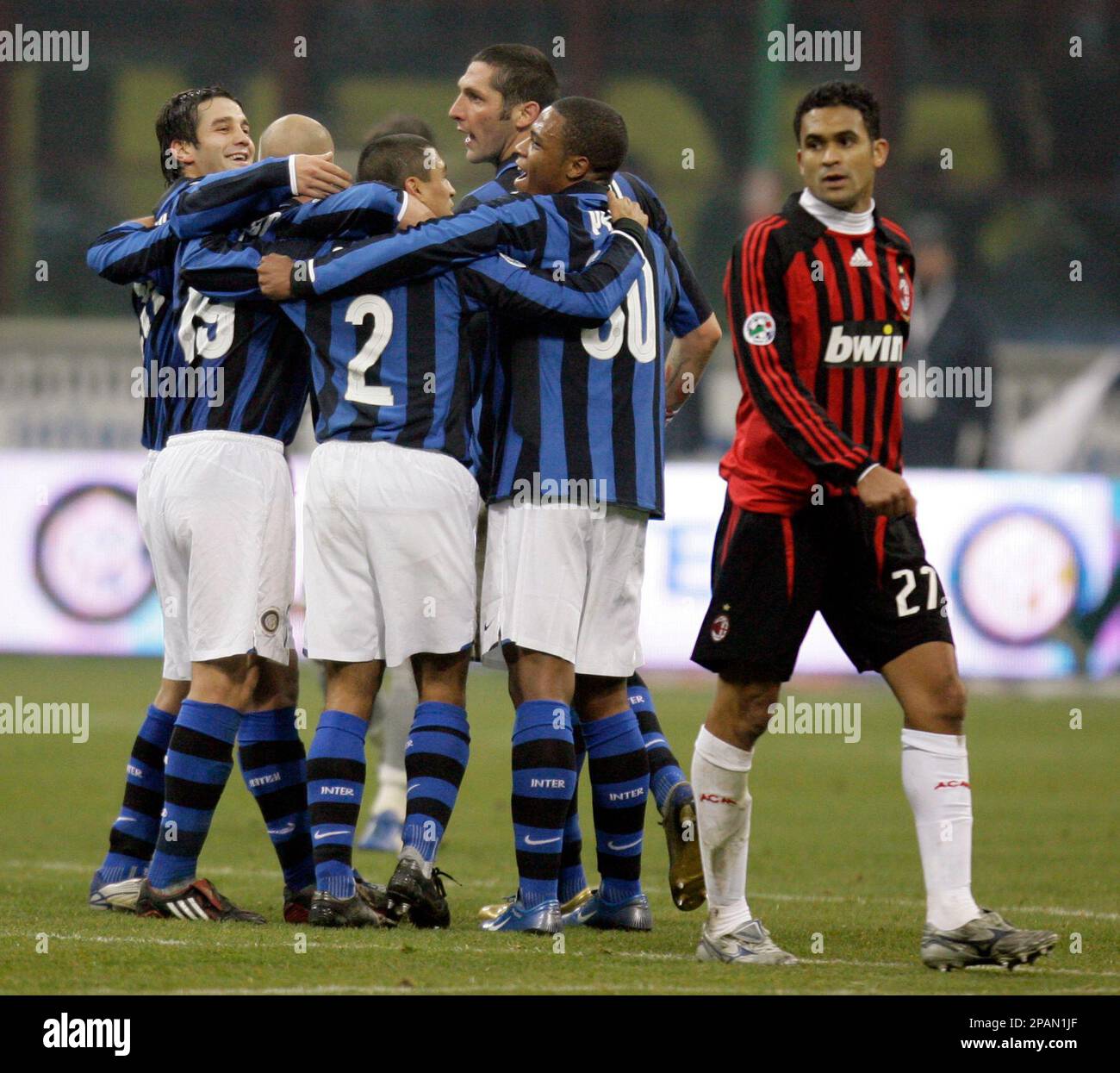 Inter Milan players celebrate at the end of an Italian major league ...
