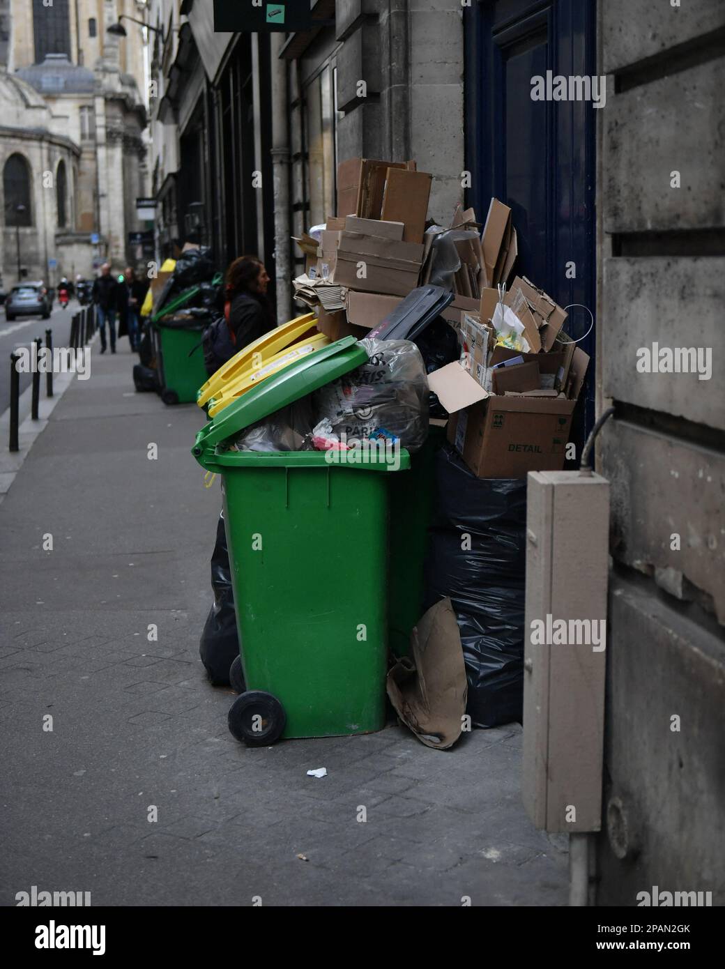 Illustration picture shows full bins on March 11, 2023 in Paris, France. A strike by waste ...