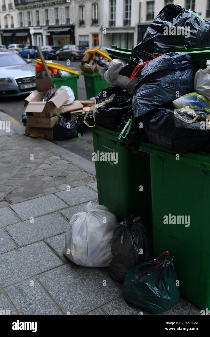 Illustration picture shows full bins on March 11, 2023 in Paris, France. A strike by waste ...