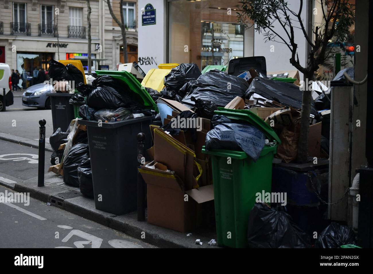 Illustration picture shows full bins on March 11, 2023 in Paris, France. A strike by waste ...