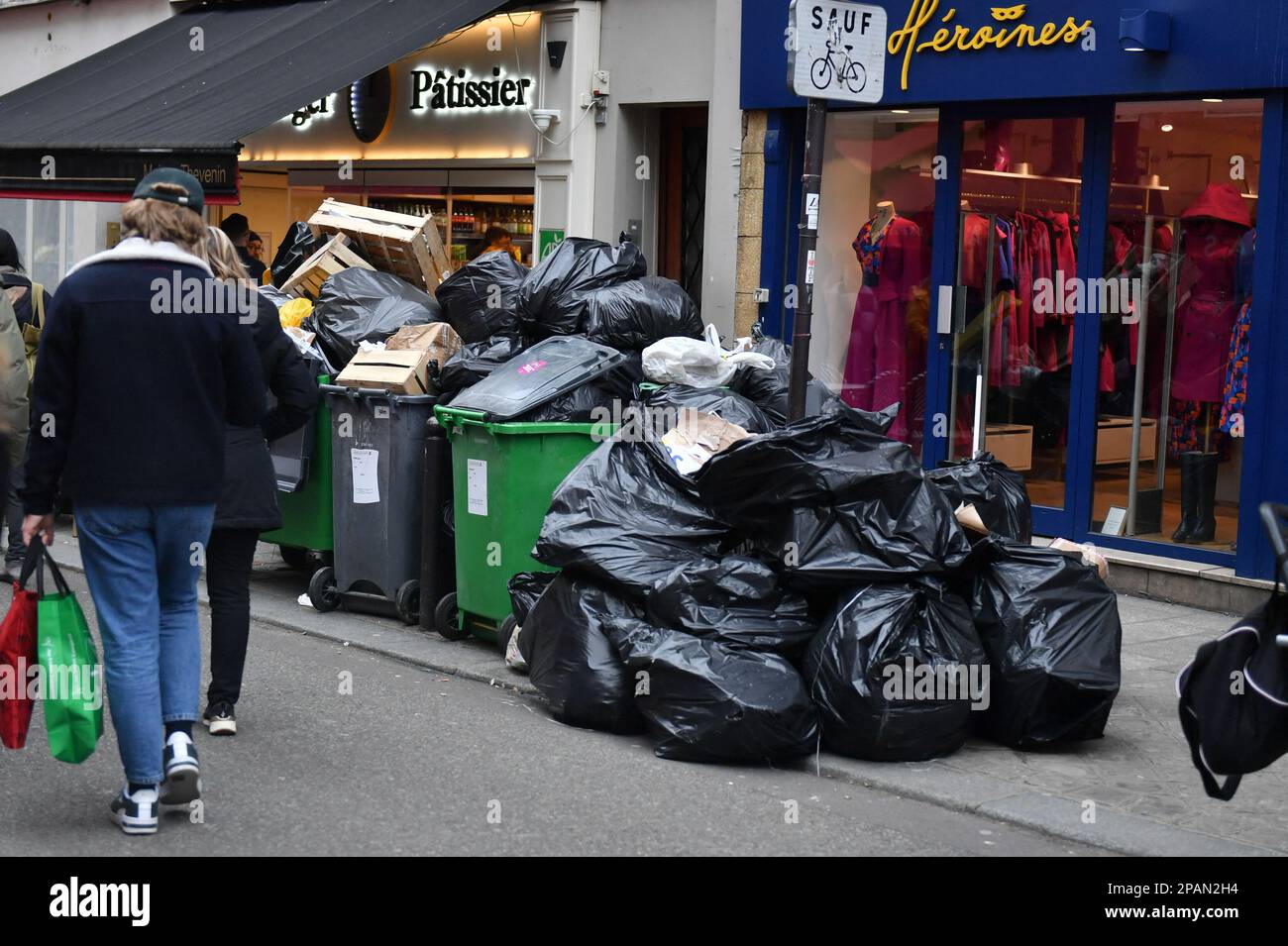 Illustration picture shows full bins on March 11, 2023 in Paris, France. A strike by waste ...