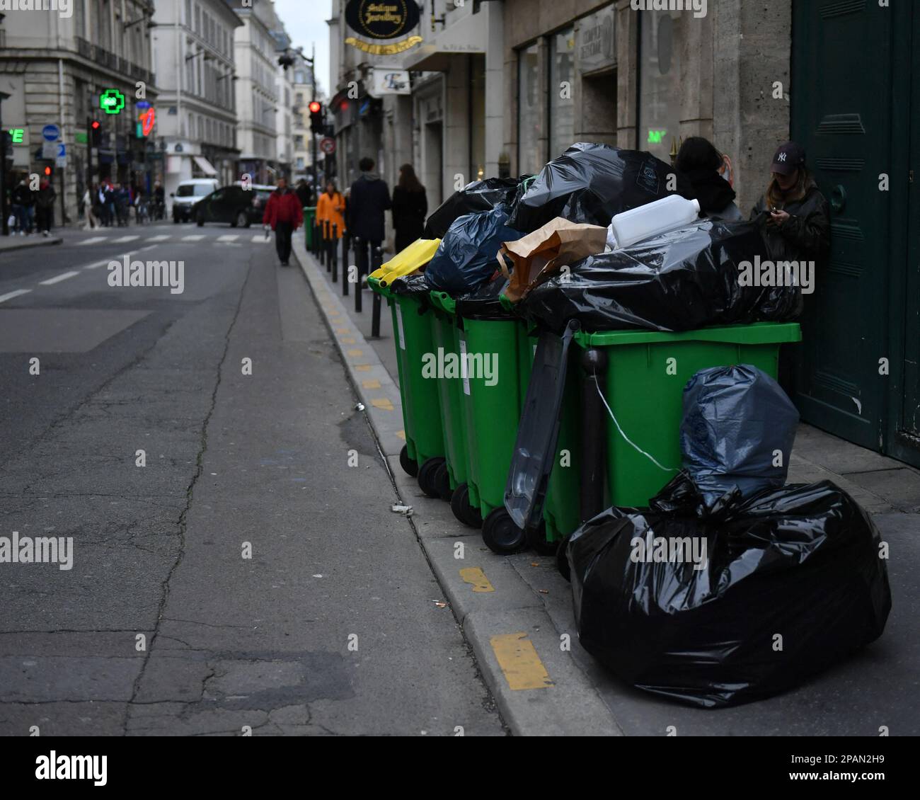 Illustration picture shows full bins on March 11, 2023 in Paris, France. A strike by waste ...