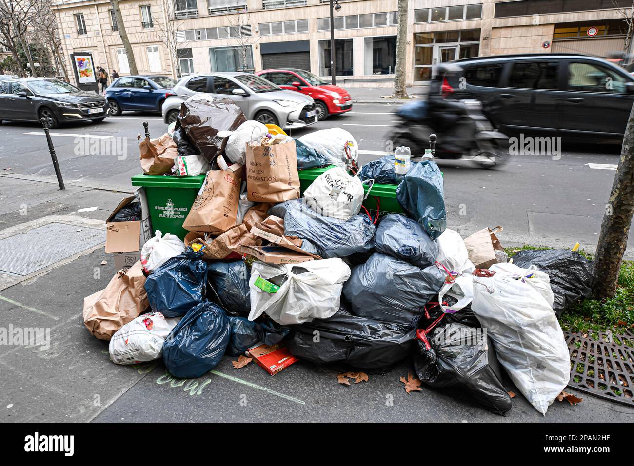 Illustration picture shows full bins on March 11, 2023 in Paris, France. A strike by waste ...