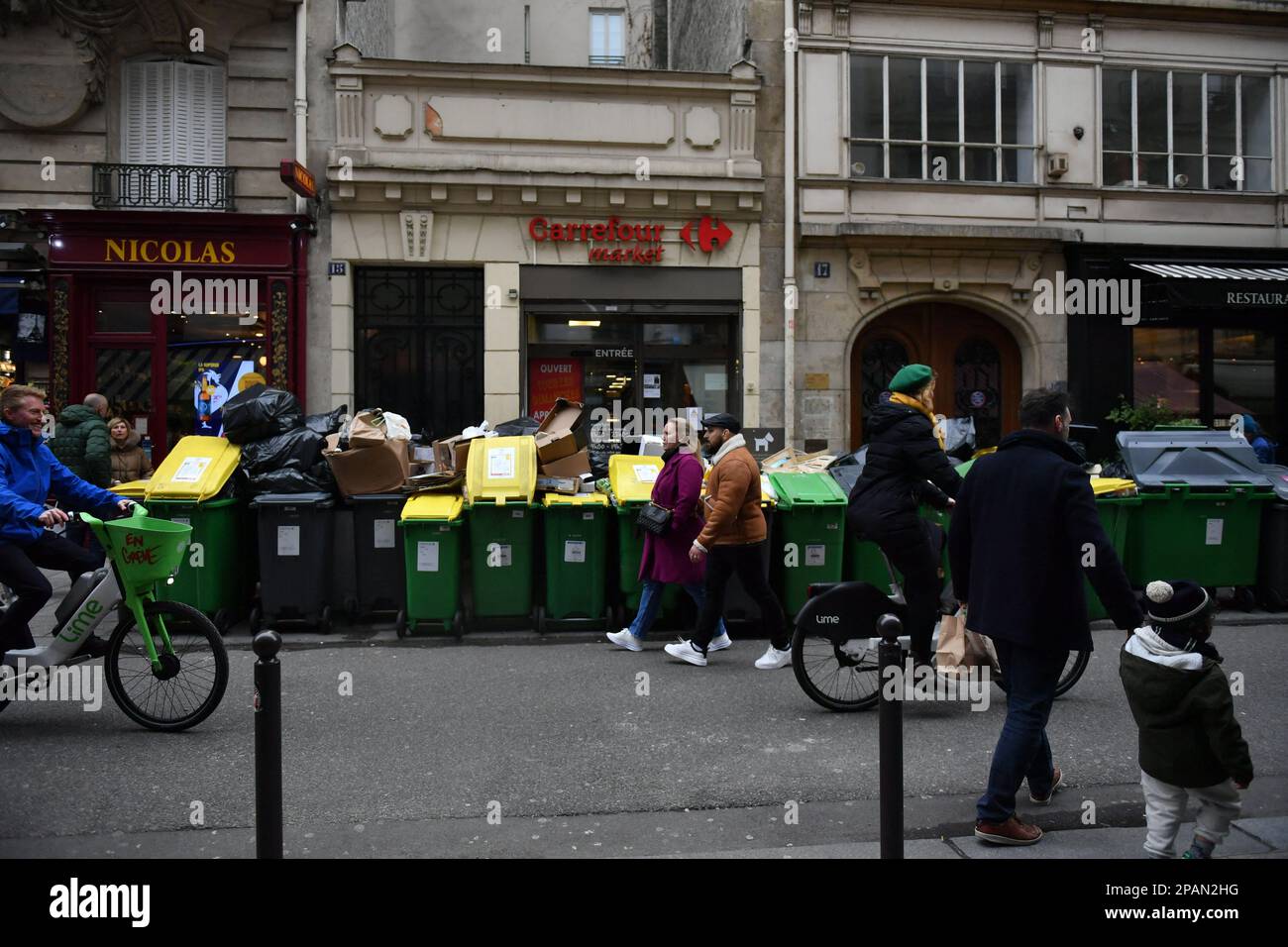 Illustration picture shows full bins on March 11, 2023 in Paris, France. A strike by waste ...