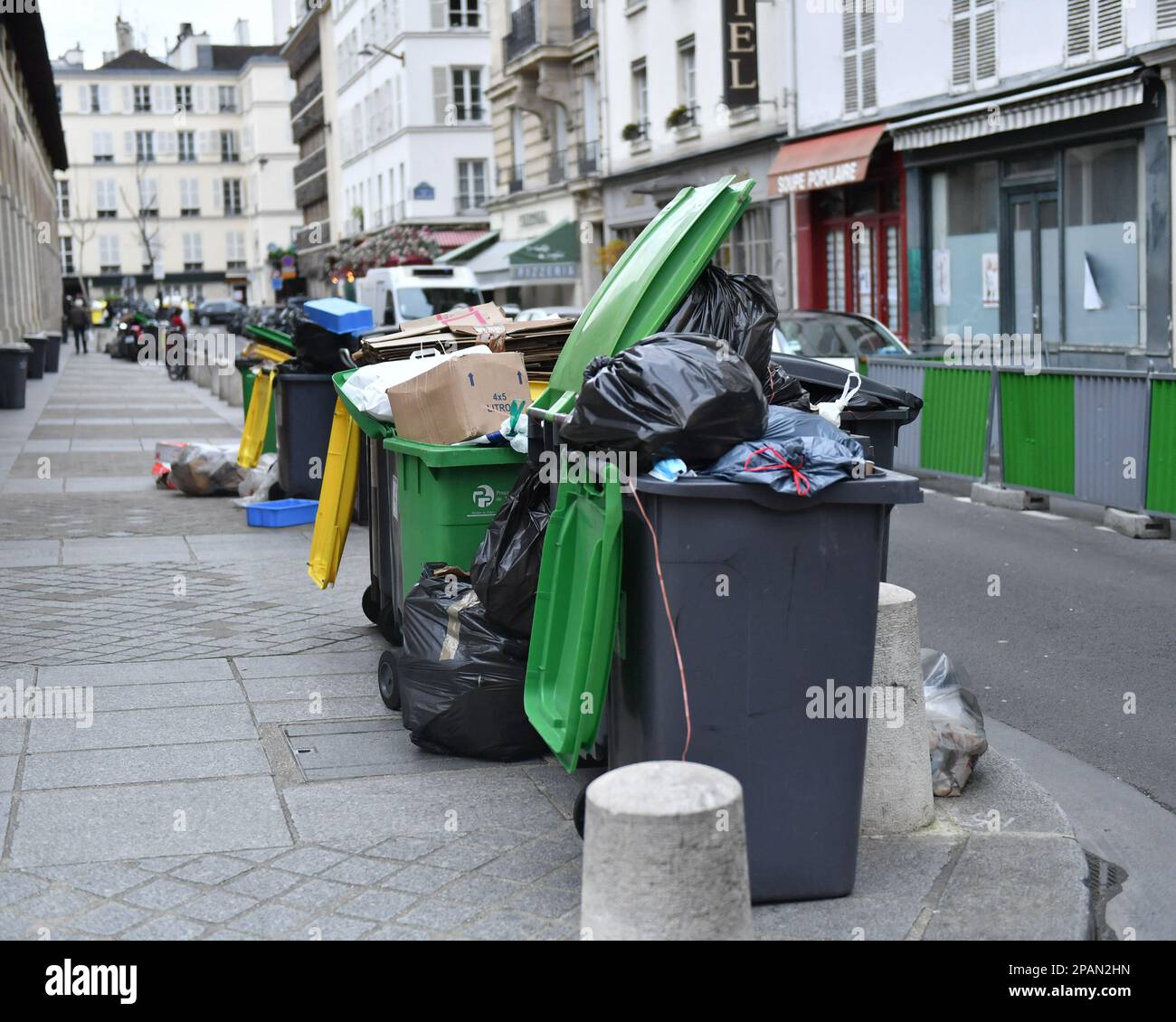 Illustration picture shows full bins on March 11, 2023 in Paris, France. A strike by waste ...