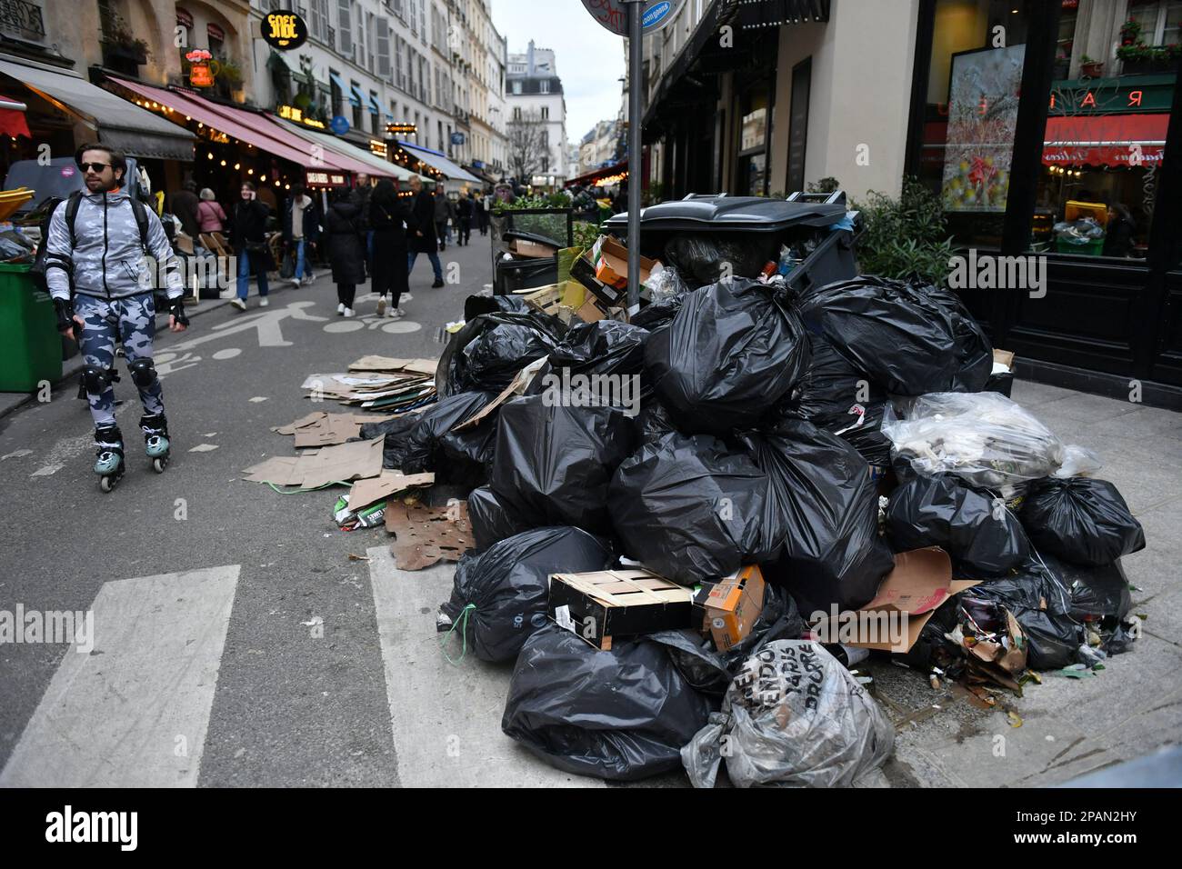 Illustration picture shows full bins on March 11, 2023 in Paris, France. A strike by waste ...
