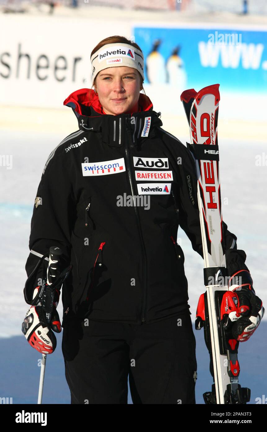Rabea Grand, of Switzerland, poses after completing an Alpine Ski ...