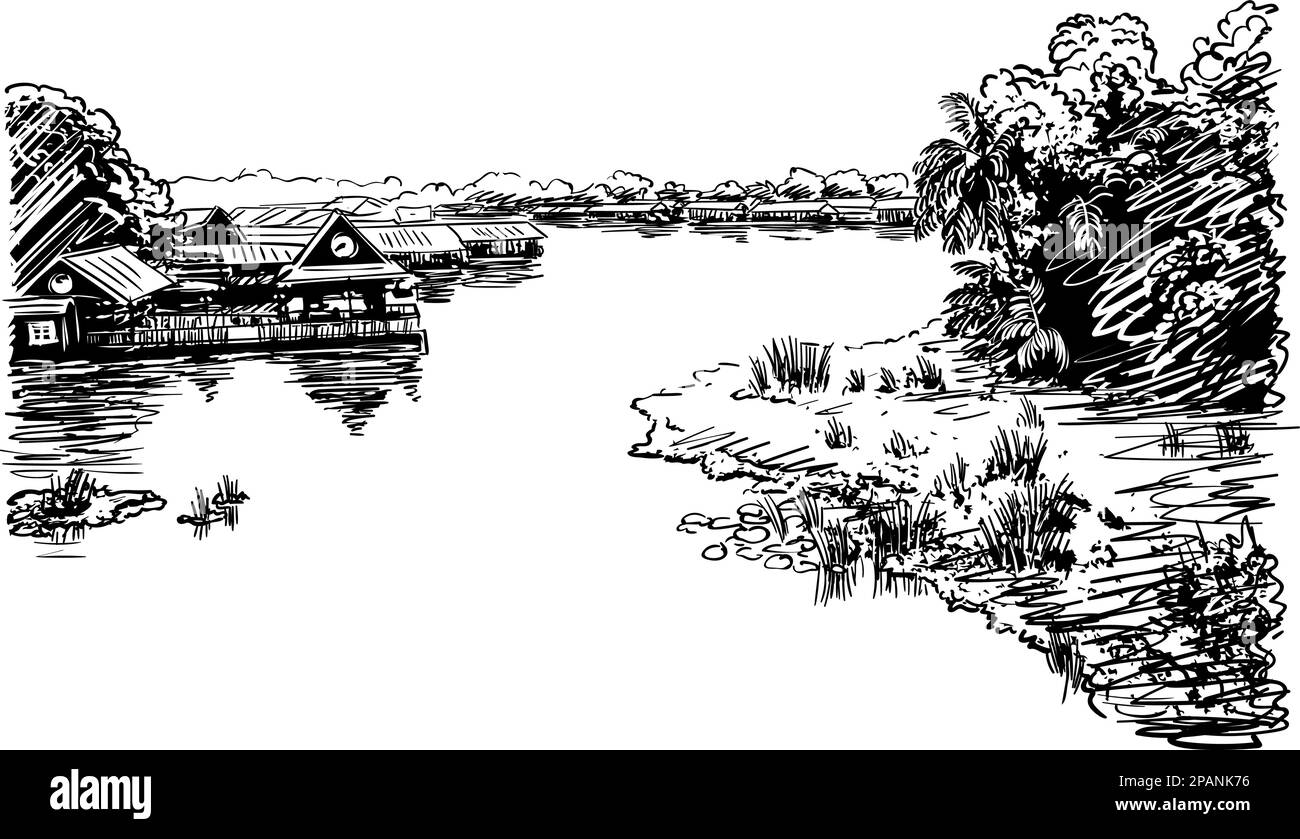 Sketch of river landscape in Southeast Asia with village and jungle ...