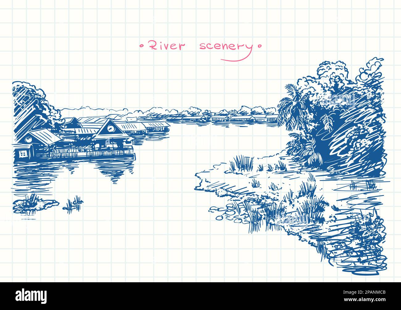 River landscape in Southeast Asia with village and jungle, Blue pen ...