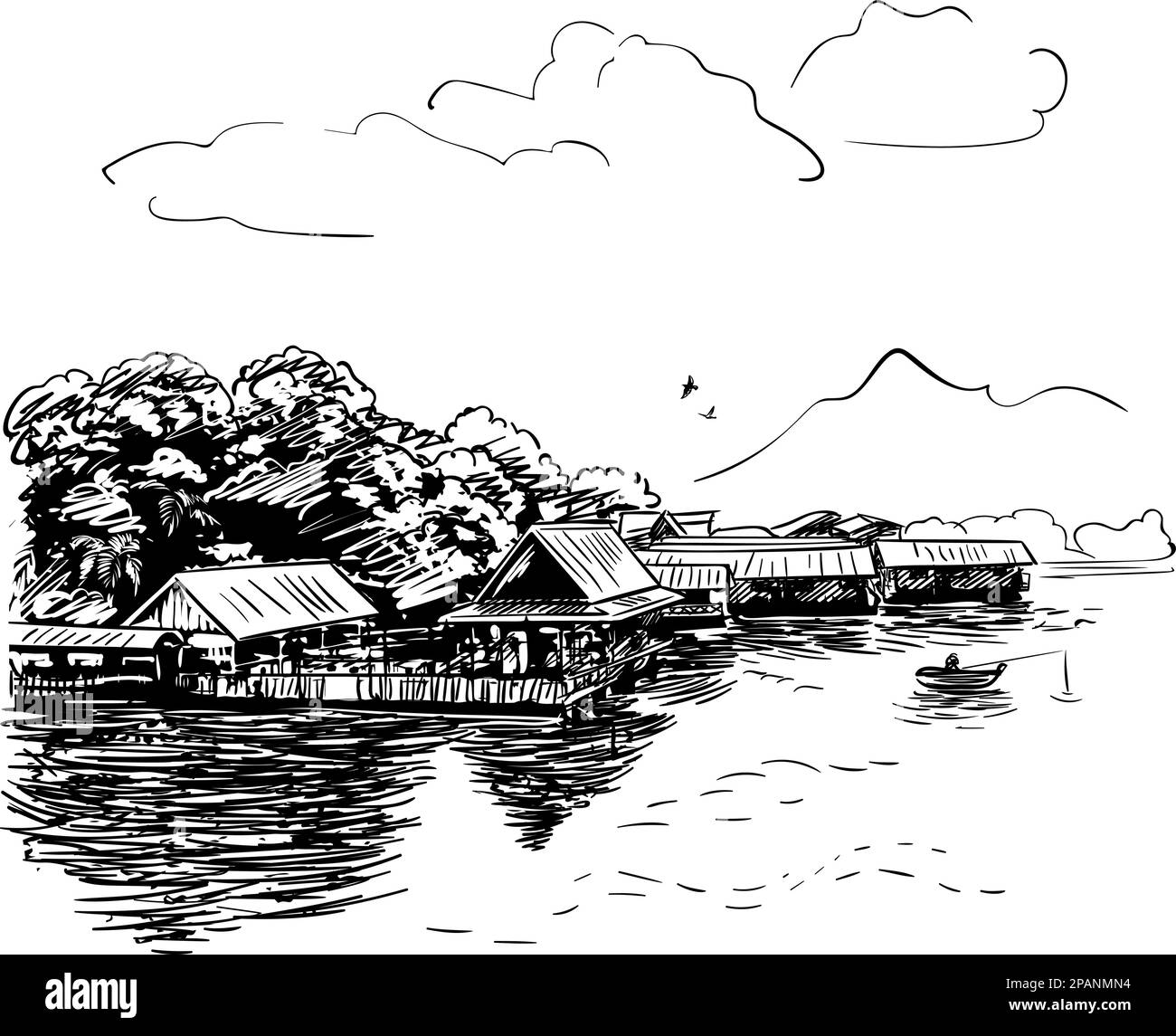 Sketch of river landscape in Southeast Asia with fishing boat, village ...