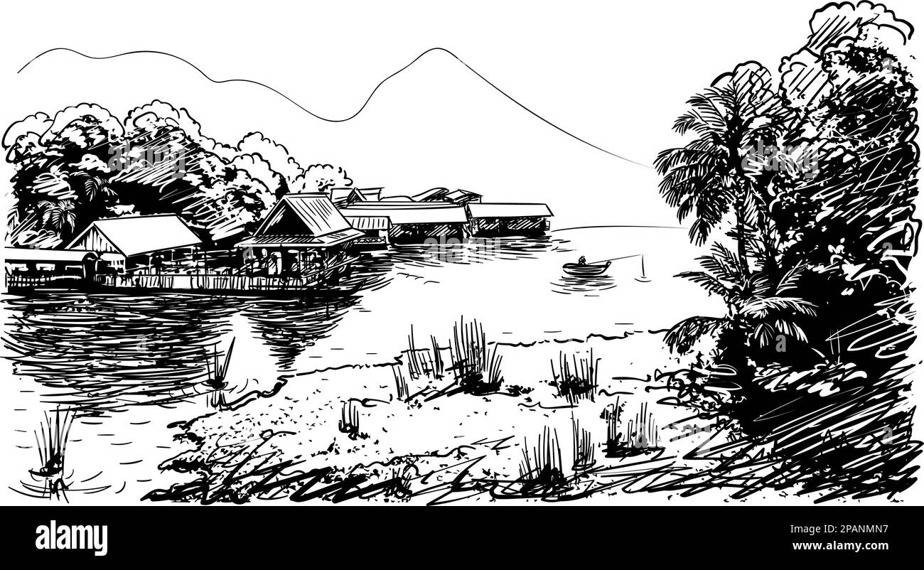 Sketch of river landscape in Southeast Asia with fishing boat, village ...