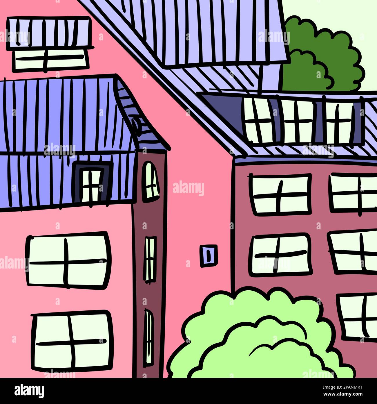 Hand drawn buildings in city close up in doodle style, Pink with violet ...