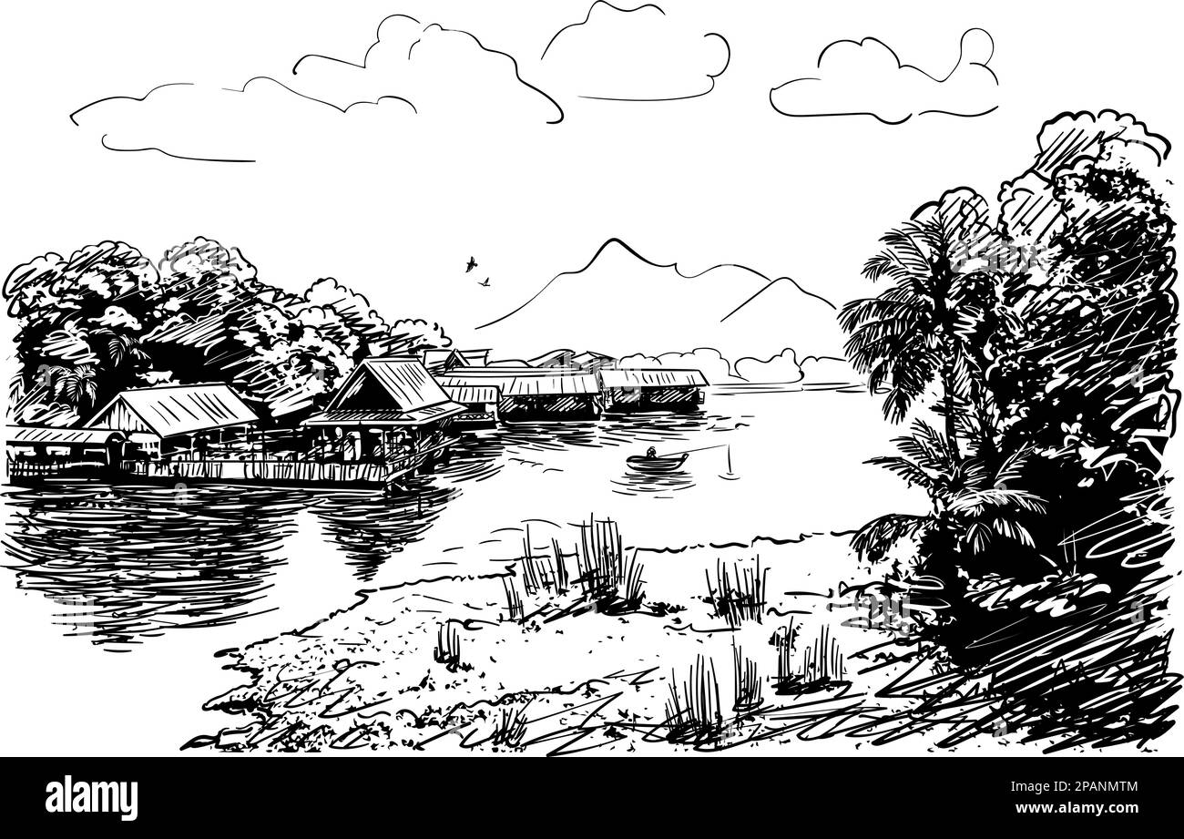 Sketch of river landscape in Southeast Asia with fishing boat, village ...