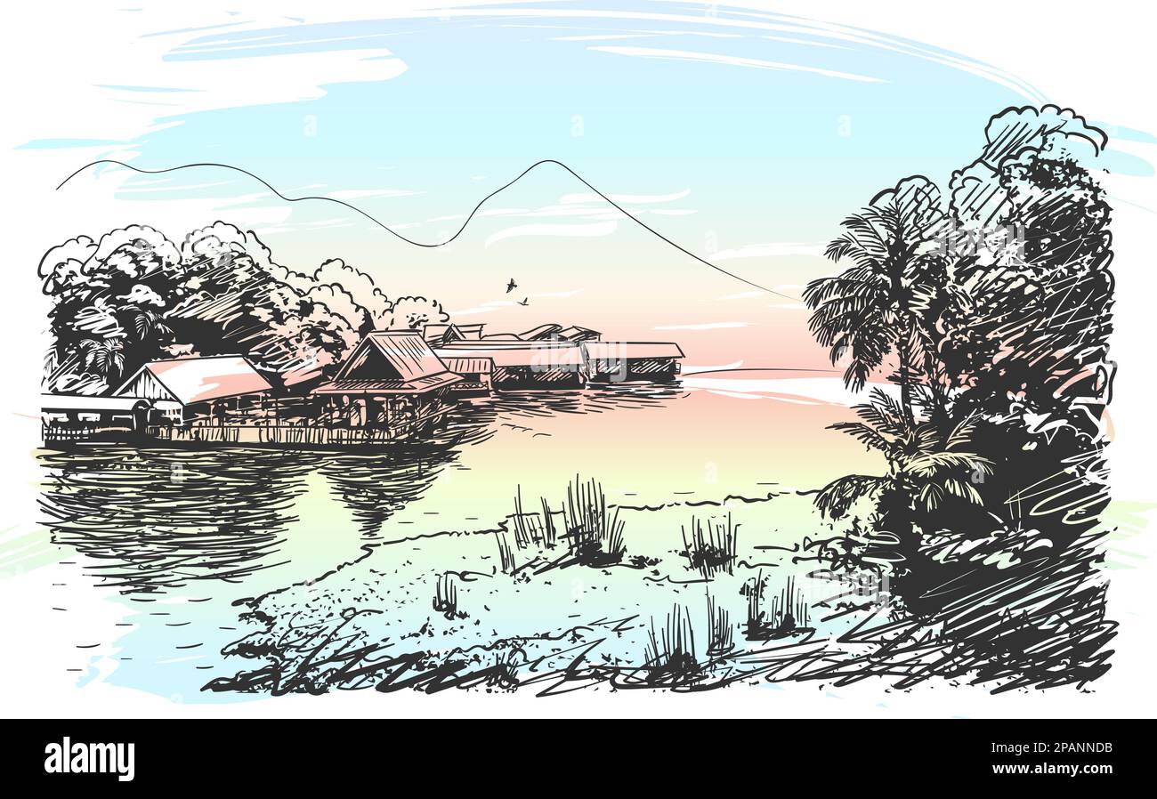 Sketch of river landscape in Southeast Asia with village, jungle and ...