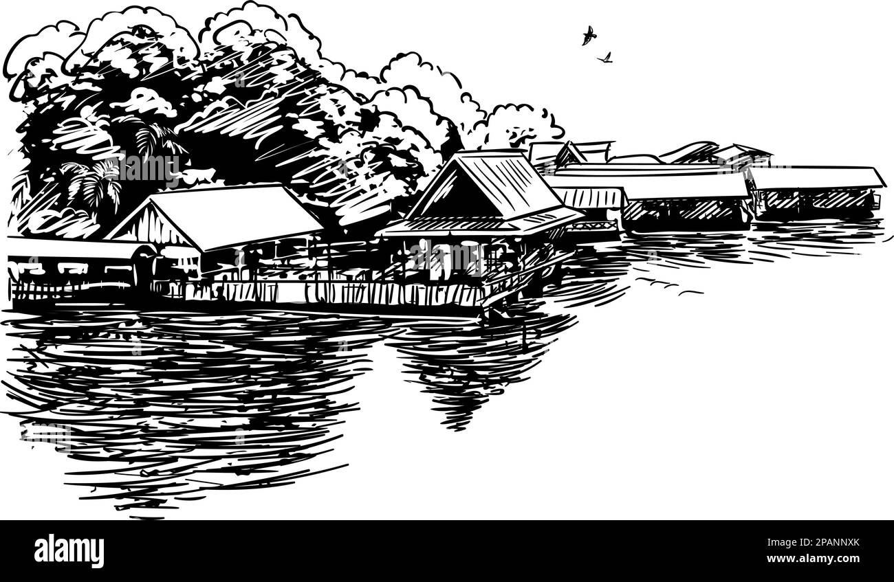 Sketch of small village on the bank of the river in Southeast Asia ...