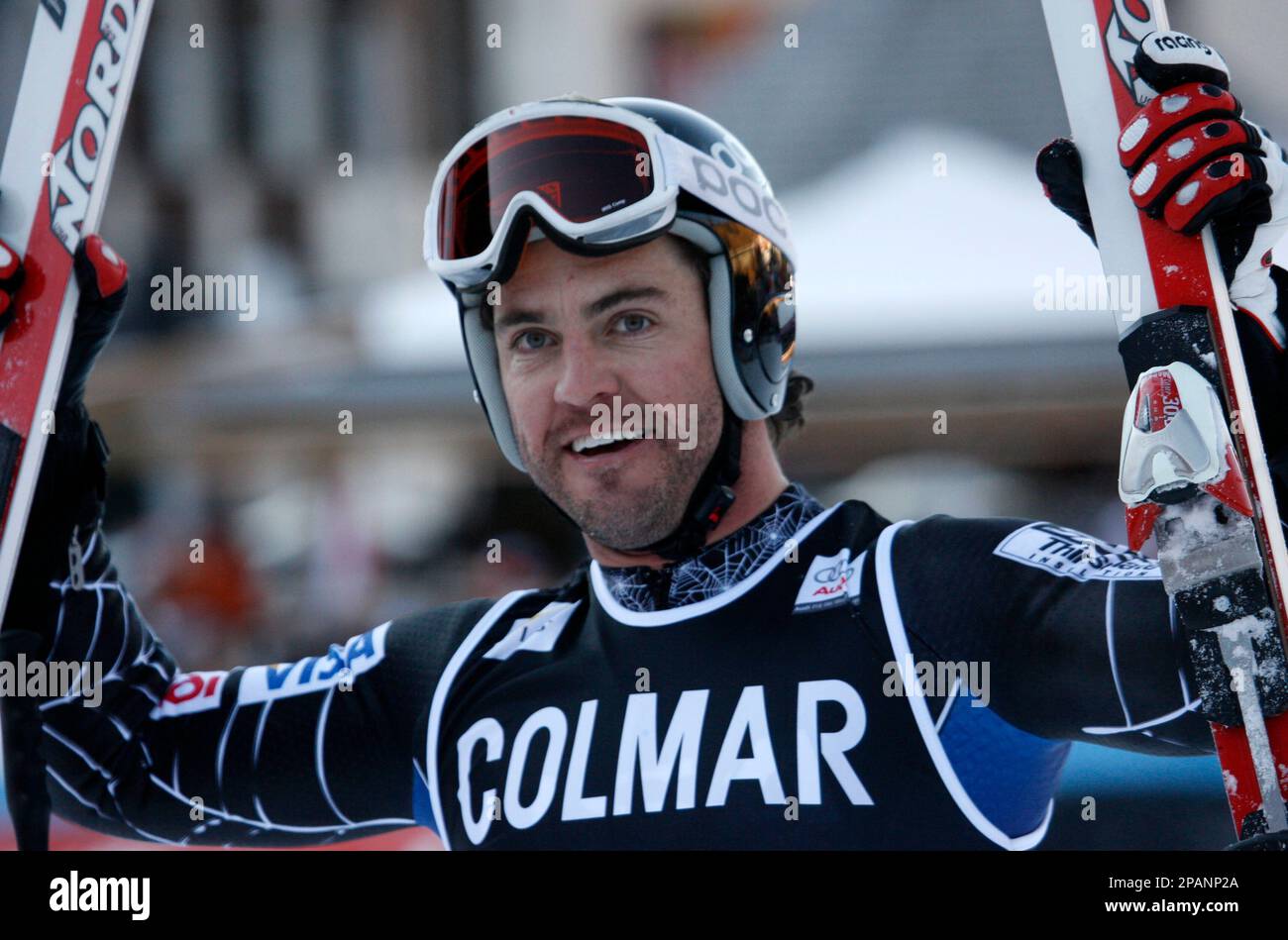 Scott Macartney, of the United States, reacts at finish line after ...