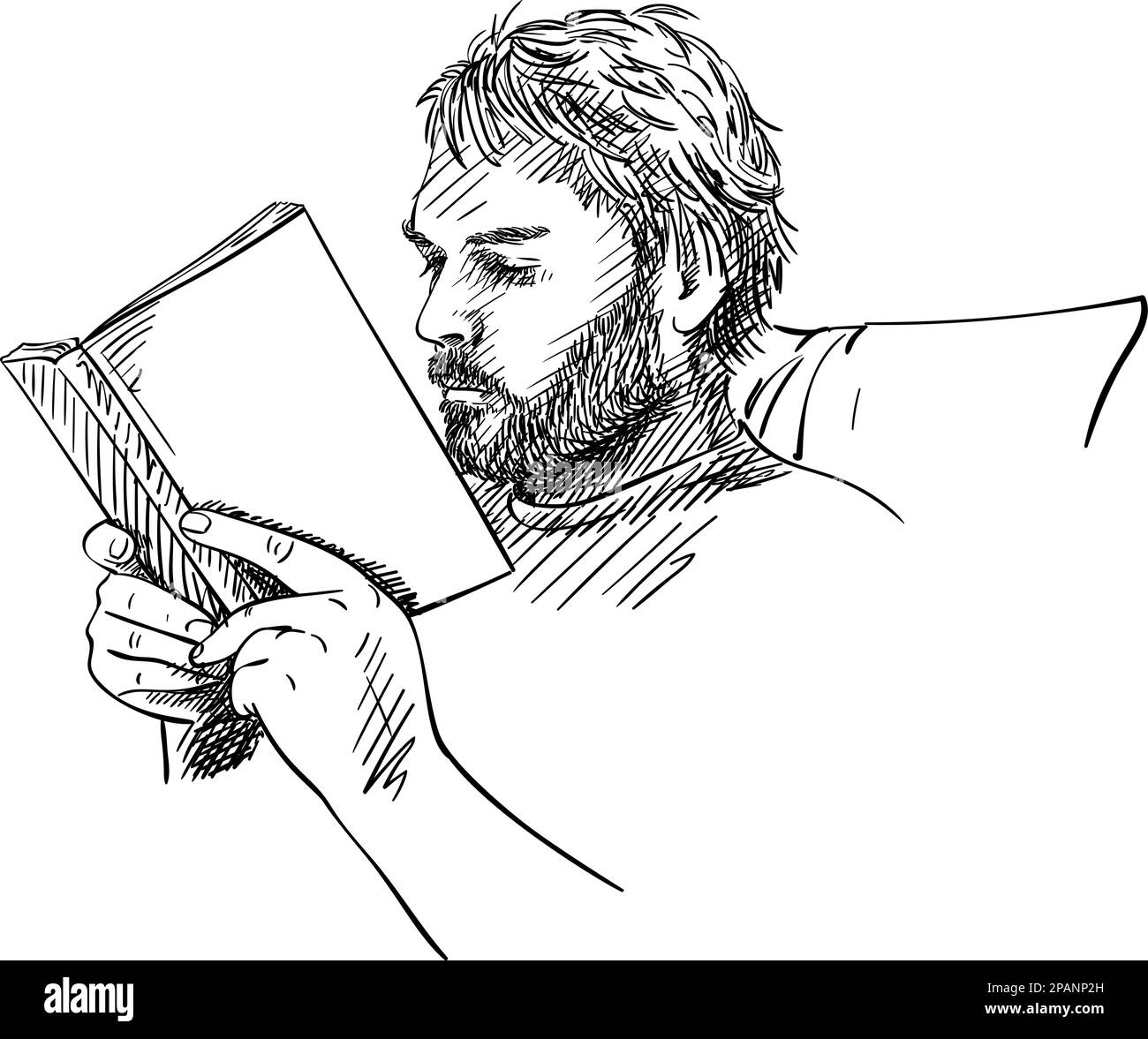 Sketch of man with beard is reading book, Hand drawn vector ...