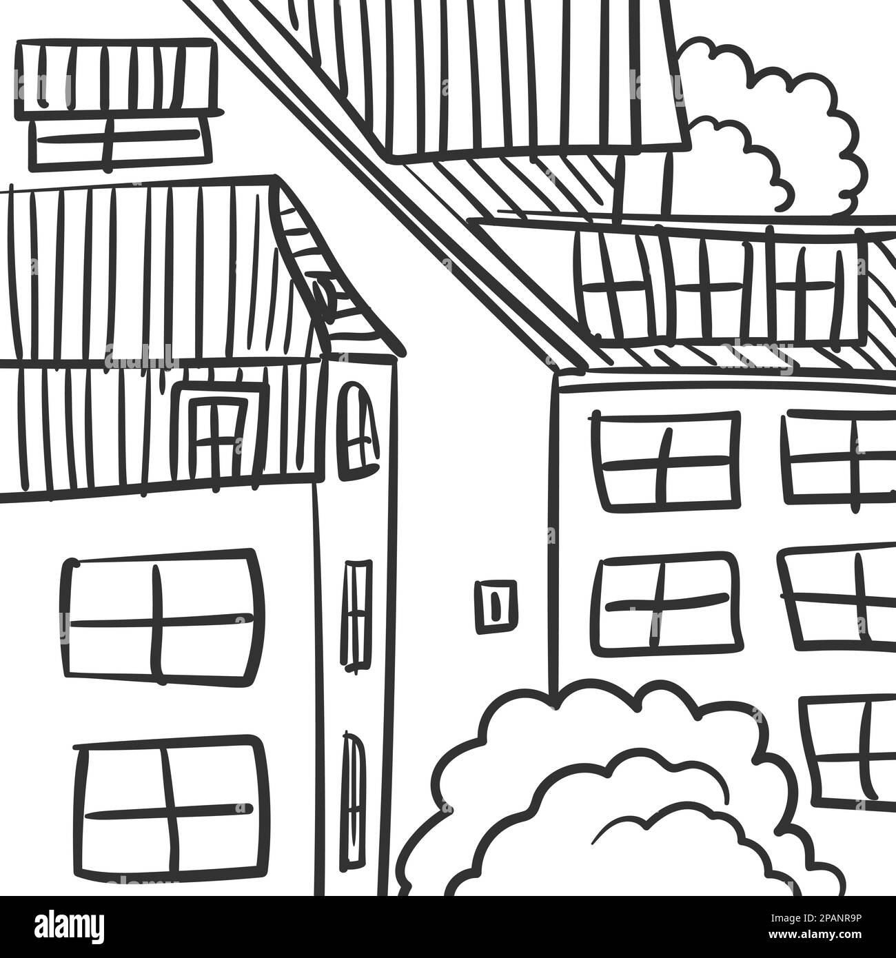 Hand drawn buildings in city close up in doodle style, Vector ...