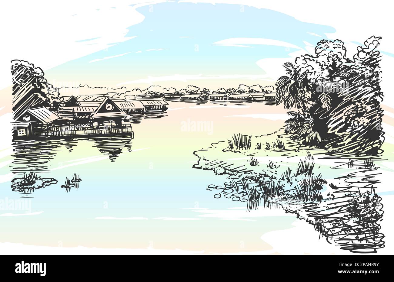 Sketch of river landscape in Southeast Asia with village and jungle ...