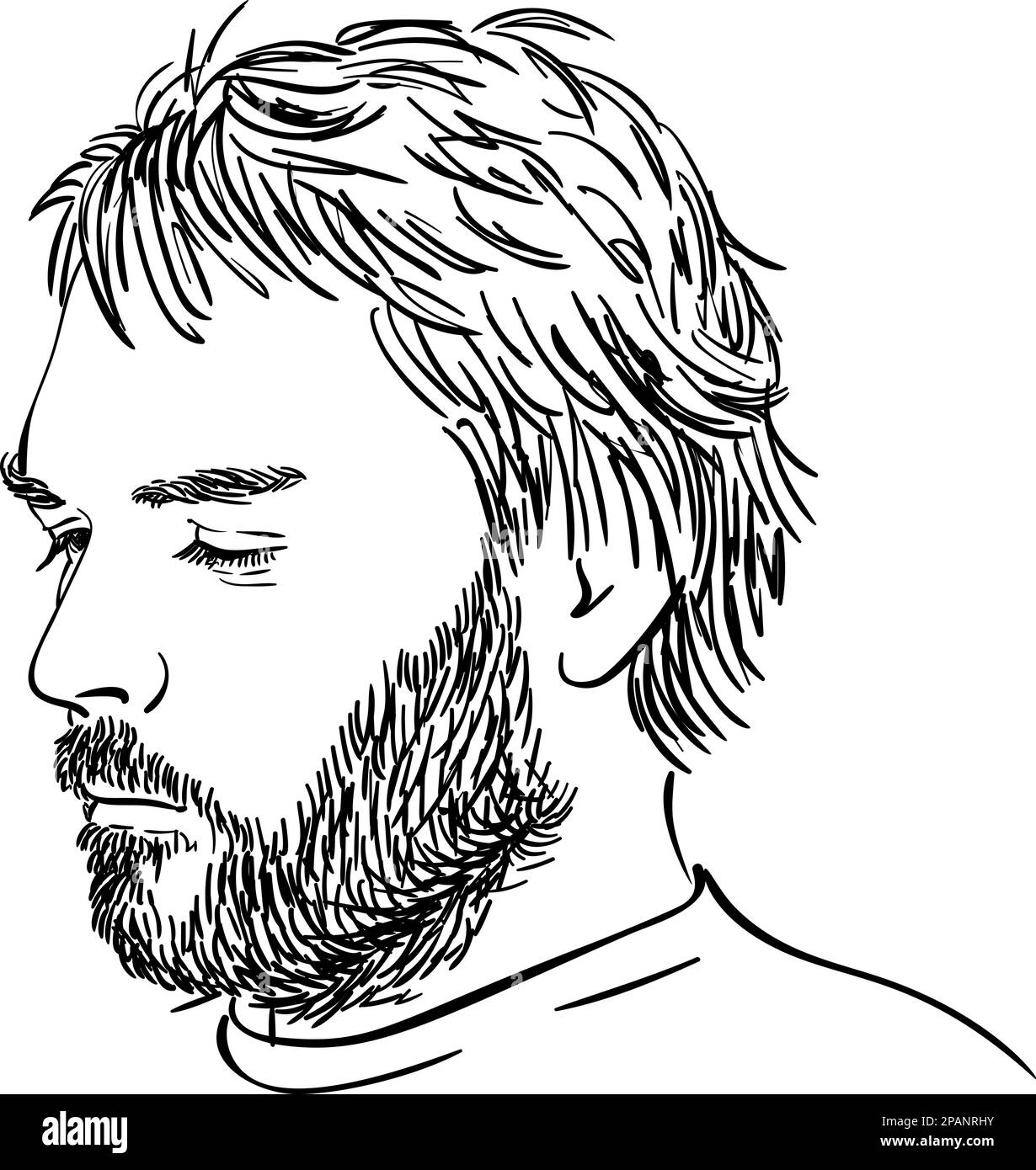 Sketch of man with beard and closed eyes portrait isolated, Vector hand ...