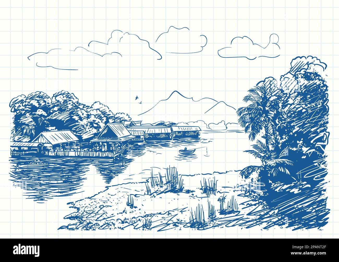 River scenery in Southeast Asia with fishing boat, village, jungle ...