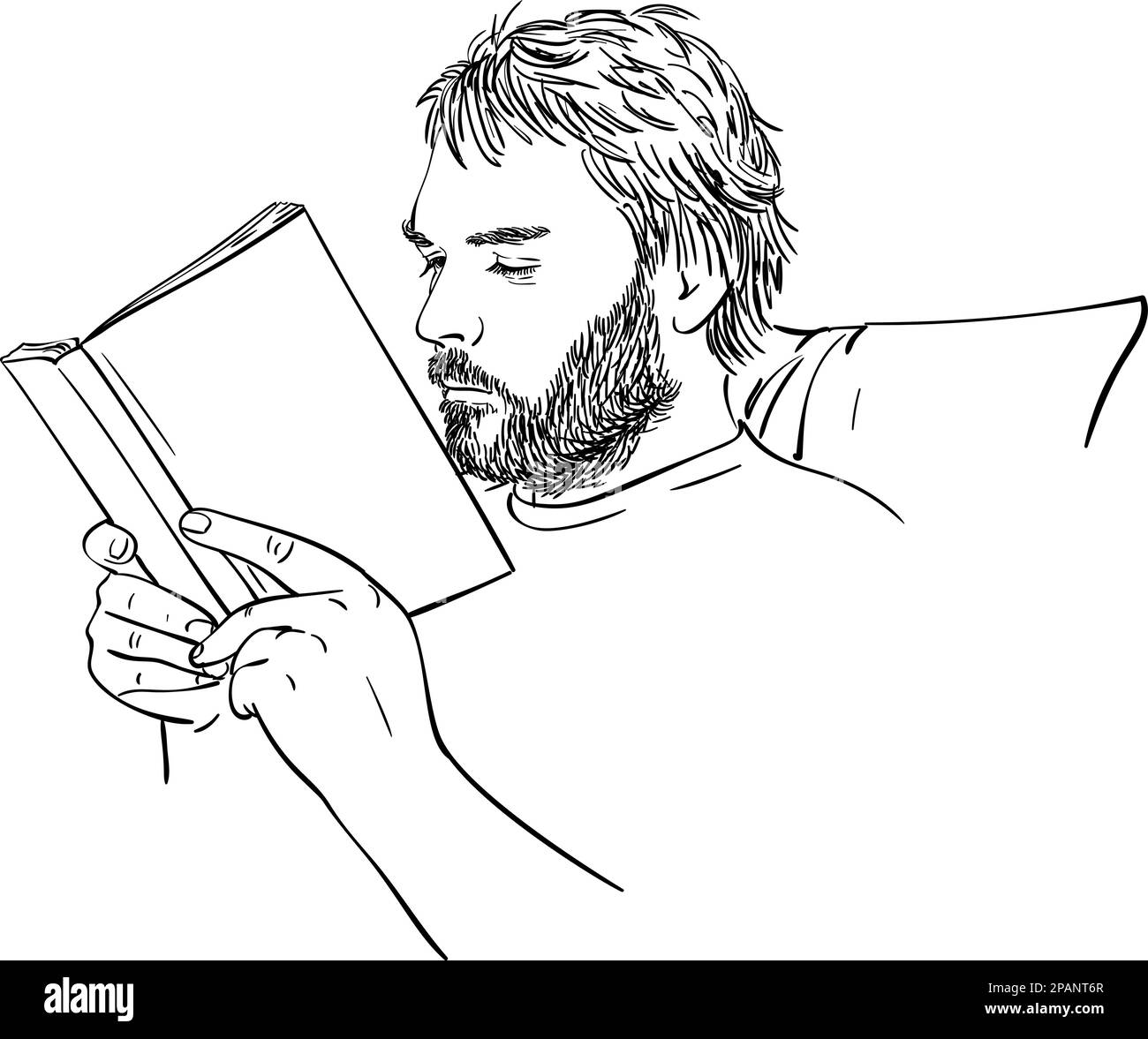 Sketch of man with beard is reading book, Hand drawn vector linear ...