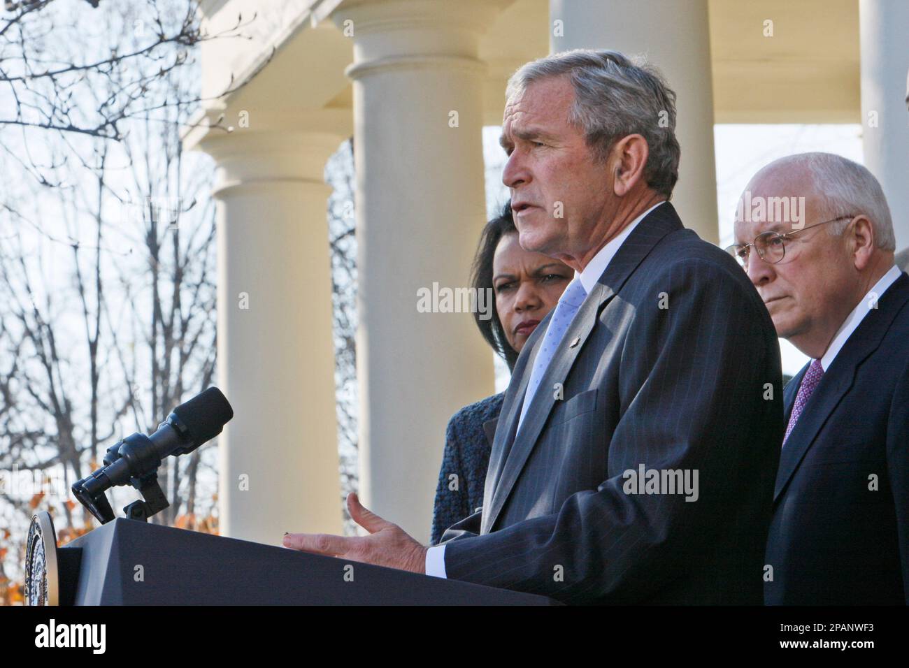 President Bush, flanked by Secretary of State Condoleezza Rice, left ...