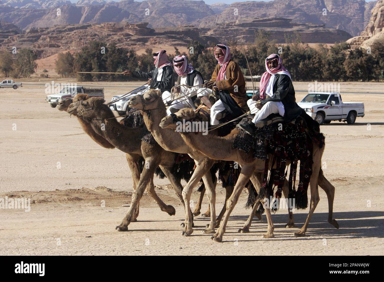 Bedouin ride their camels to attend an international camel race in the ...
