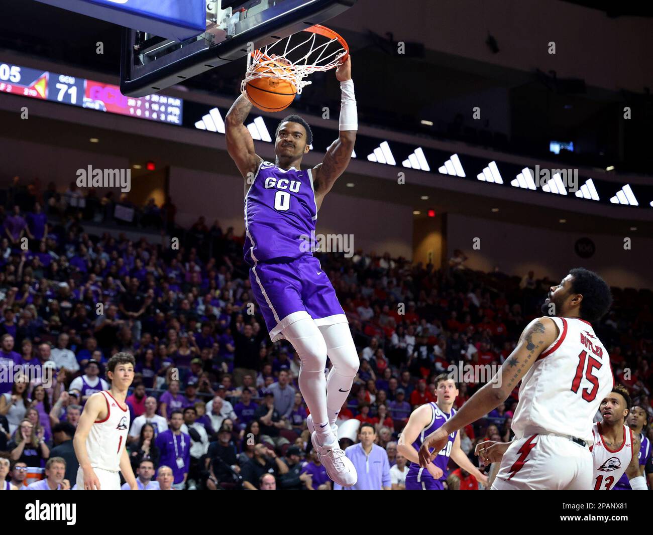 Grand Canyon guard Rayshon Harrison (0) dunks during the second half of ...