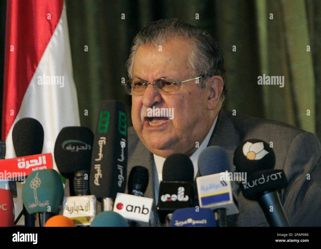 Iraq's President Jalal Talabani speaks during a meeting with tribal ...