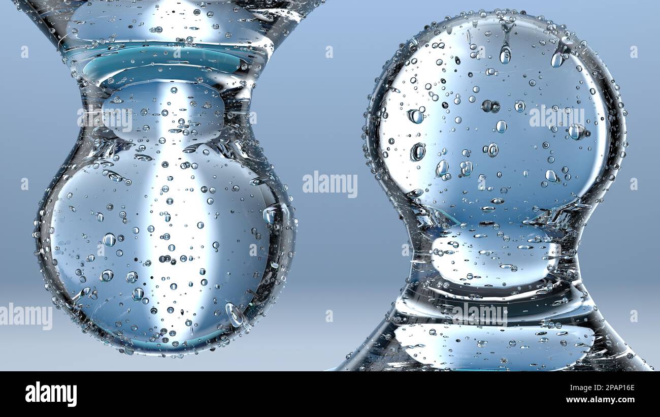 Transparent splashing water droplets and reflections Abstract 3D rendering fresh and clean ...