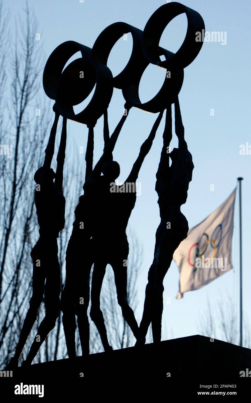 International Olympic Committee, IOC, rings and flag are seen at the ...
