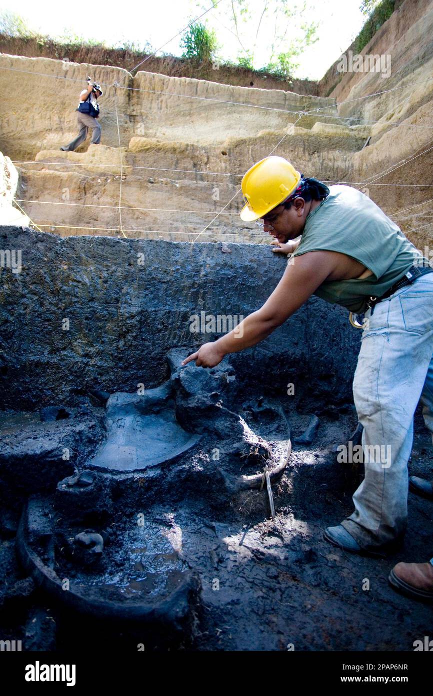 Paleontologist Daniel Aguilar shows fossils of the left hip of a two ...