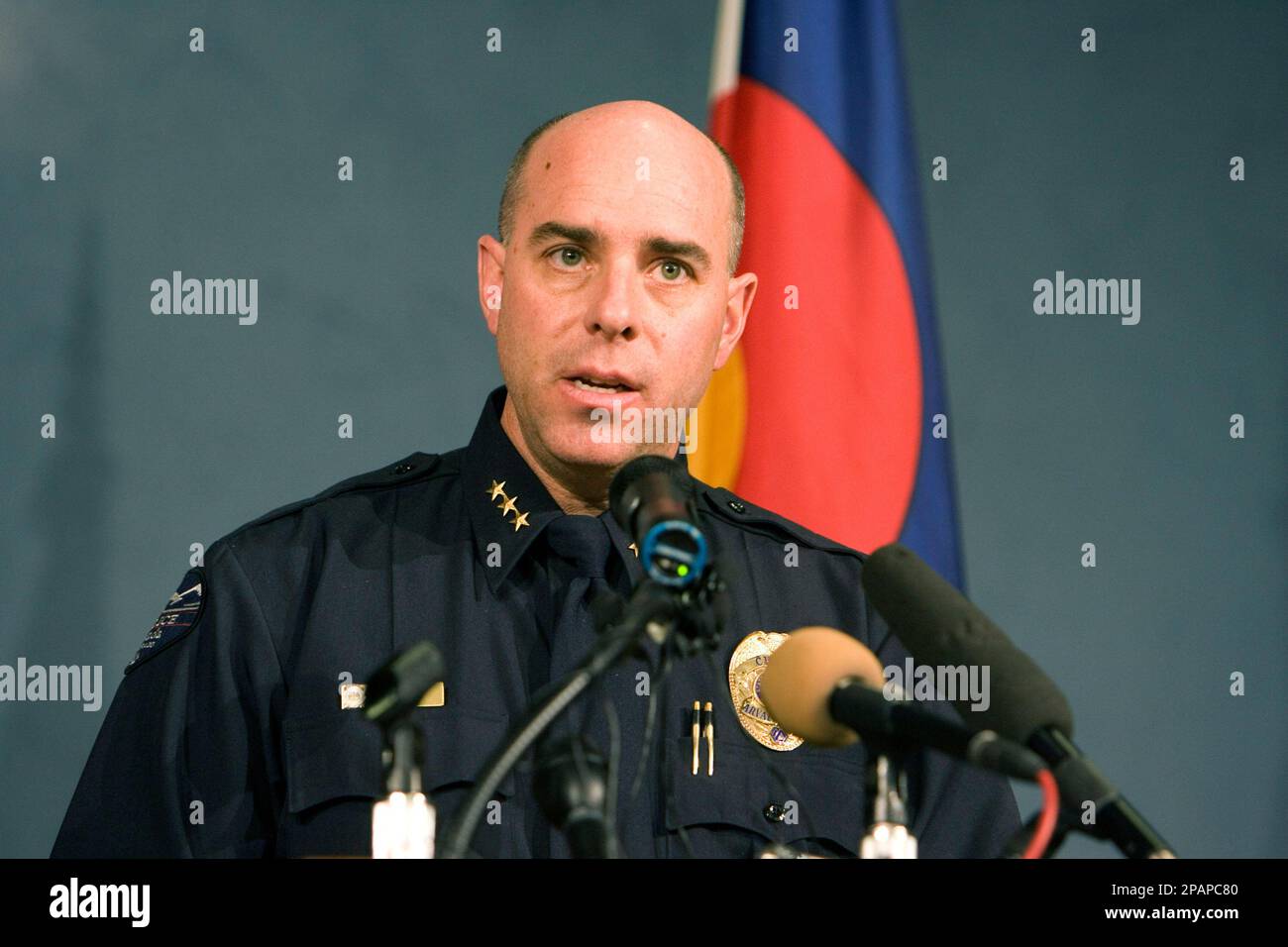 Arvada, Colorado police chief Don Wick answers questions from the media ...