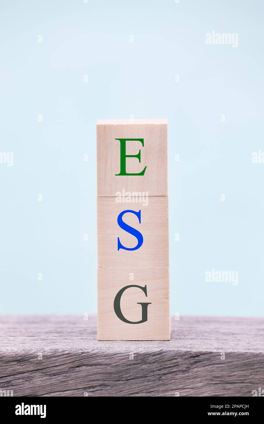 ESG words on wooden cube on blue background.copy space. Environmental ...